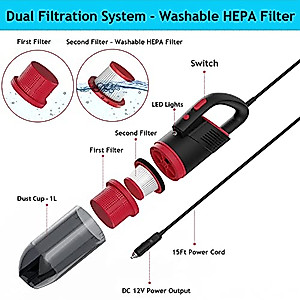 SUMKUMY Powerful Car Vacuum(Up to 9600Pa) - LED Light - 12V Wet Dry Vacuum Cleaner Lightweight Mini Handheld Car Interior Accessories Detailing Vacuum for Car/Pet Hair, Corded (Black)