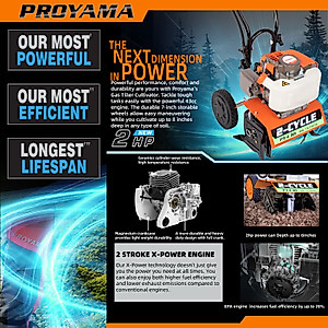 PROYAMA Gas Tiller Cultivator, 43cc 2-Cycle Garden Tiller, 2 in 1 Gas Powered Cultivators with Edger Kit, 4 Steel Tines, 6-12” Adjustable Width, 8” Max Depth