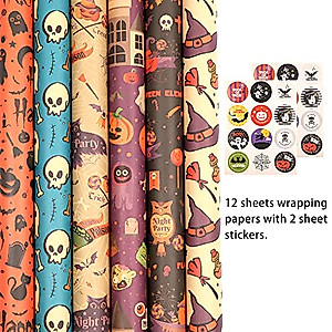MAMUNU 12 Sheets Halloween Pattern Paper Set, 20×28In Kraft Favor Halloween Wrapping Paper with Sealing Stickers for Halloween Party Decoration DIY Crafting Art Projects