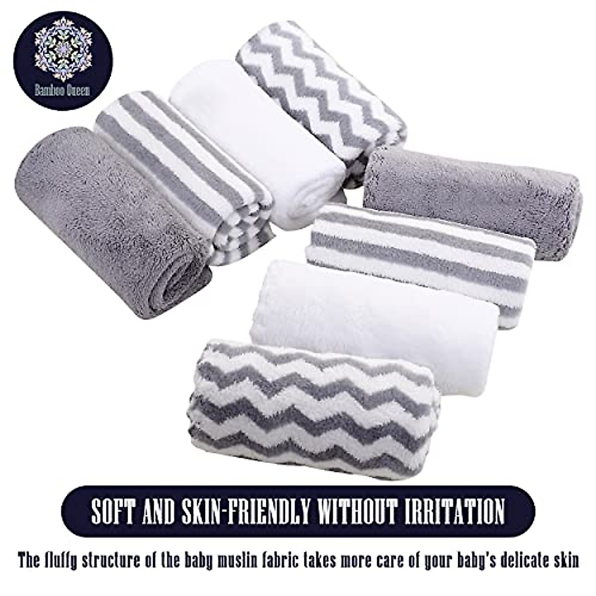 BAMBOO QUEEN 8 Pack Super Soft Baby Burp Cloths, Ultra Absorbent Large Newborn Burping Cloth for Boy and Girl, Milk Spit Up Rags, Unisex Grey and White, 16 × 12 Inch