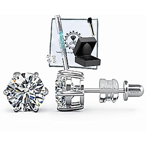 Moissanite Stud Earrings/No Poke Screw Back / 6 Prong / 4 CT / 8 MM/White Gold Vermeil/Colorless Flawless Lab Grown Diamond/Hypoallergenic/GRA Engraved/Gift Set