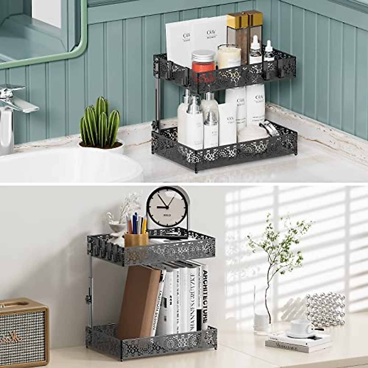 Iirios Under Sink Organizers and Storage, Height Adjustable 2-Tier Bathroom Cabinet Organizer, Metal Bathroom Sink Organizer with 4 Hooks, Multi-use Under Sink Storage for Bathroom Kitchen, 2 Pack