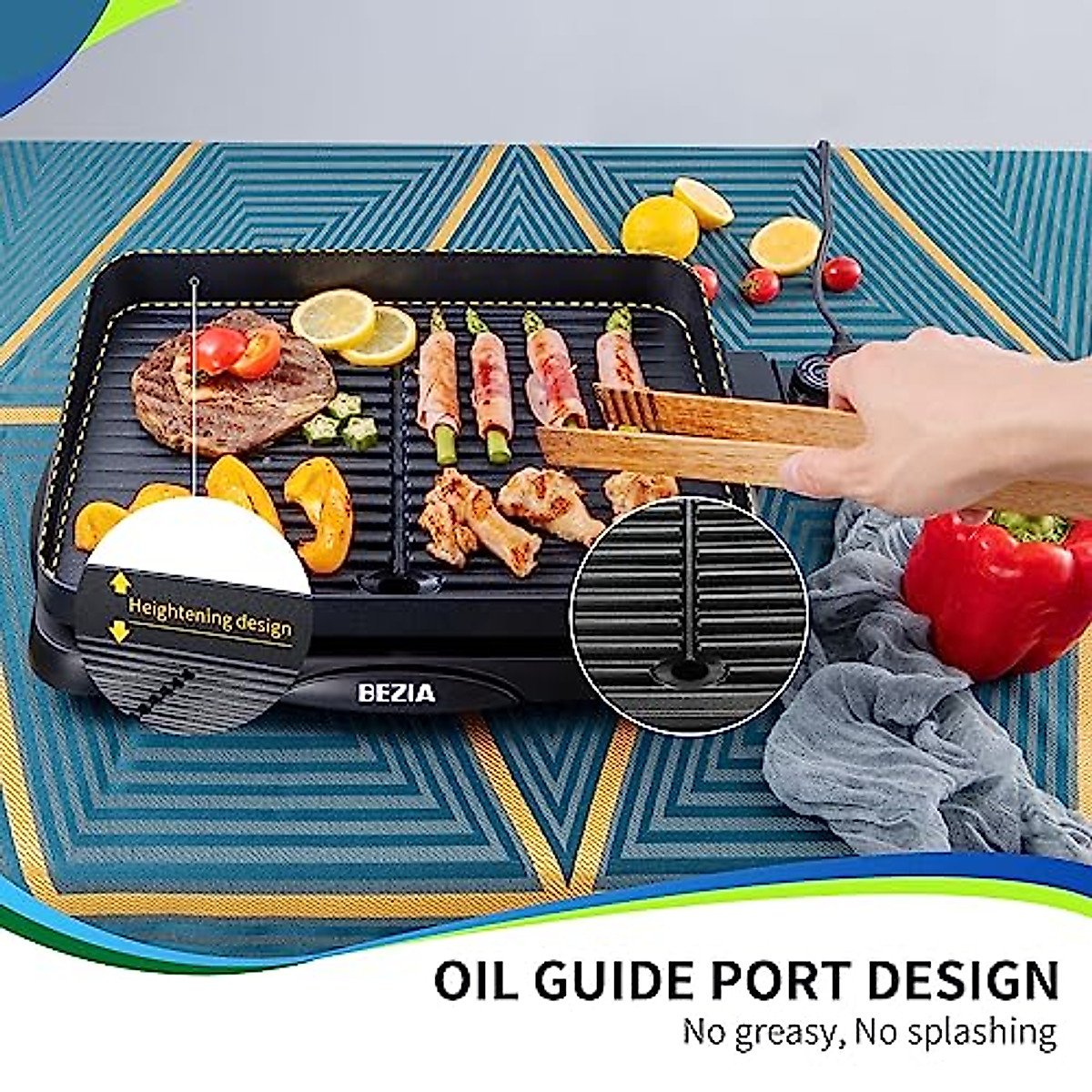 Indoor Grill Electric Korean BBQ Grill Nonstick, Removable Griddle Contact Grilling with Smart 5-Heat Temp Controller, kbbq Fast Heat Up Family Size 14 inch Tabletop Plate PFOA-Free, 1500W Black