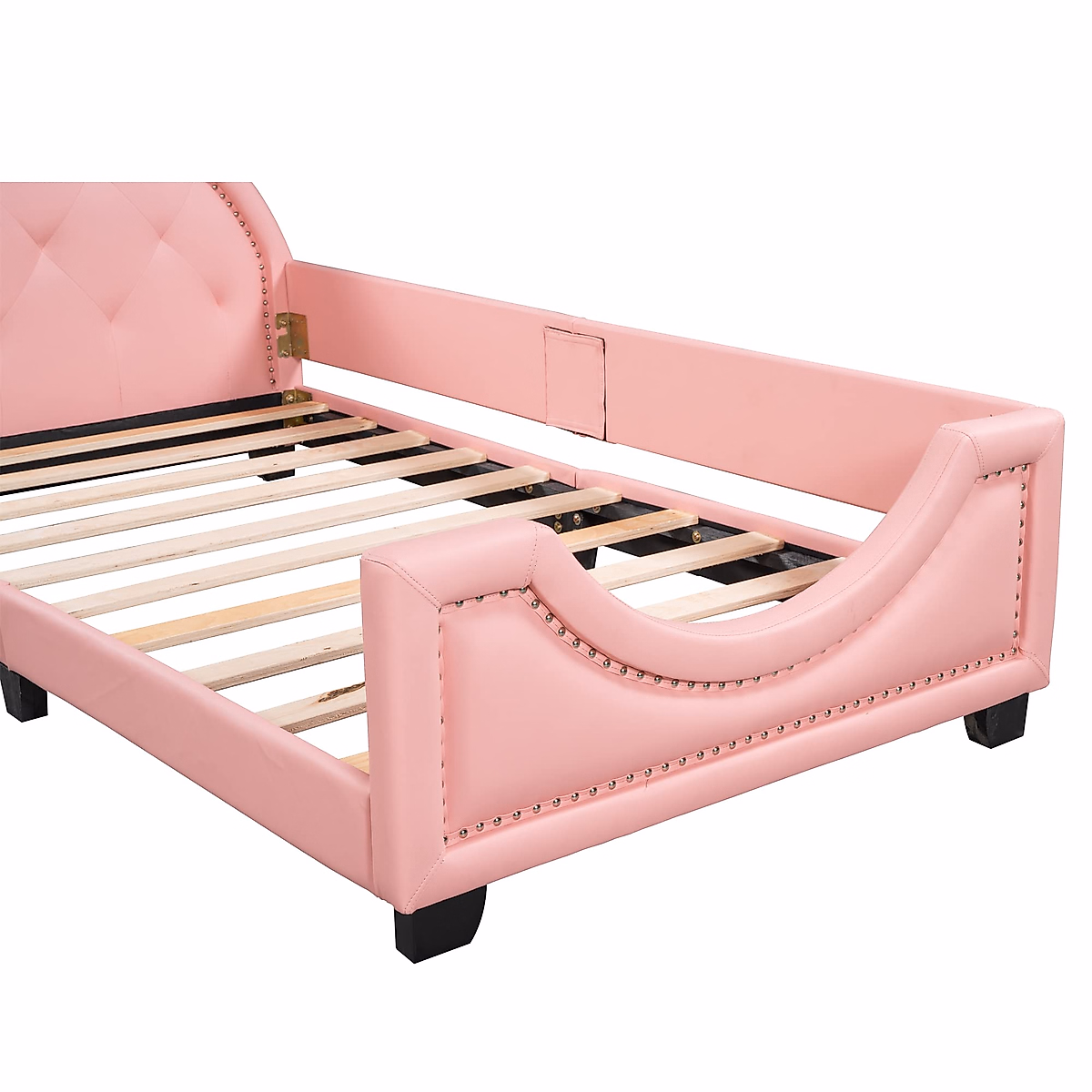 MWrouqfur Twin Size Upholstered Daybed,Wooden Daybed Frame with Carton Ears Shaped Headboard, PU Leather Platform Bed for Girls Boys, Low Profile Single No Box Spring Needed (Pink) (HYYS774)