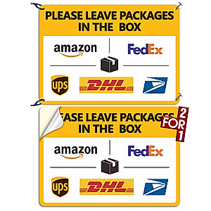 Package Delivery Sign Delivery Instructions Sign 2 Pack Leave Packages in The Box Sign,Two For One : 1 Pcs Super Tough PVC+1 Pcs Self Adhesive Vinyl, Rust-Free, Weather-Proof