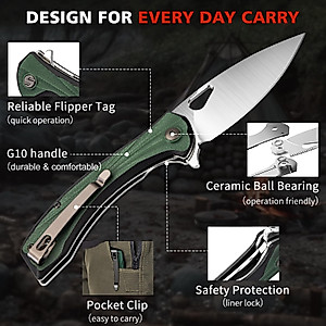 SHAN ZU Pocket Knife 3.2 in, 14C28N Steel Blade EDC Folding Knife for Men & Women, Utility Survival Knife with G10 Handle & Pocket Clip for Camping Fishing Hiking Hunting - Green