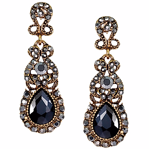 Antique Gold Vintage Retro Deco Victorian Style Jet Black Grey Marcasite Rhinestone Statement Earrings