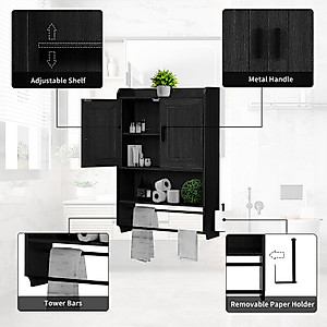 Bathroom Wall Cabinet, Wooden Medicine Cabinet Over the Toilet with Adjustable Inner Shelf, Wall Mounted Cabinet with Doors for Bathroom Storage, Hanging Cabinet for Wall with Towels Bar (Black)