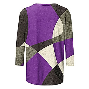 Sales Today Clearance Workout Tops for Women 3/4 Sleeve Crew Neck Color Block Irregular Shirts Basic Business Comfortable Loose Blouses Purple 2XL