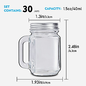 DESIYUE 1.5oz-30 Pack Mini Glass Mason Jars Set with Silver Lids & Handles, Small Favor Jars, Food Storage Containers for Weddings, Decoration, Parties, DIY, Spices, Holiday Crafts
