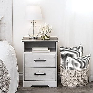 Prepac Rustic Ridge Farmhouse Bedroom Nightstand with 2 Drawers and an Open Cubby, Wooden Bedside Table for Bedroom, Office, or Living Room, 16.25in x 18.75in x 24.5in, Washed White