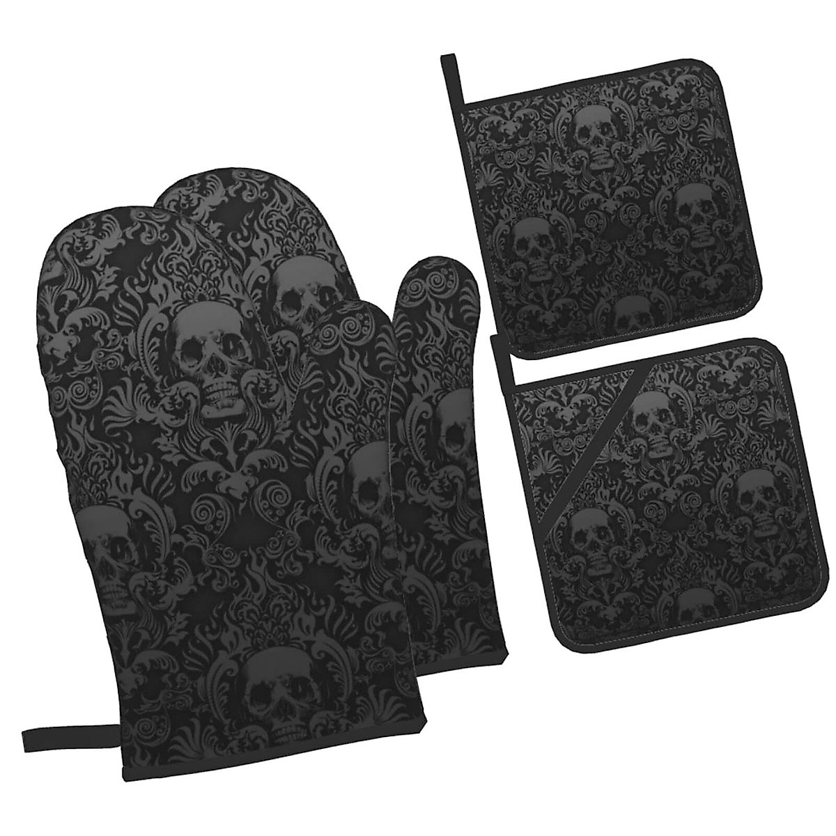 Gothic Skull Flower Black 4pcs Oven Mitts and Pot Holders Sets,Heat Resistant Non Slip Kitchen Gloves Hot Pads with Inner Cotton Layer for Cooking BBQ Baking Grilling
