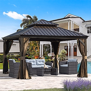 Evedy Gazebo 12x12, Hardtop Gazebo Canopy with Galvanized Steel Double Roof, Aluminum Frame, Permanent Pavilion Outdoor Gazebo with Netting and Curtains for Patio, Garden, Backyard, Deck, Lawn