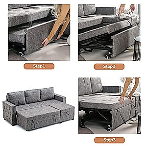 GLORHOME L Shape Storage Bed Pull Out Sleeper Sectional Couch with Upholstered with Nail Head Trim, 3-Seater Sofa for Living Room Furniture Set, Gray