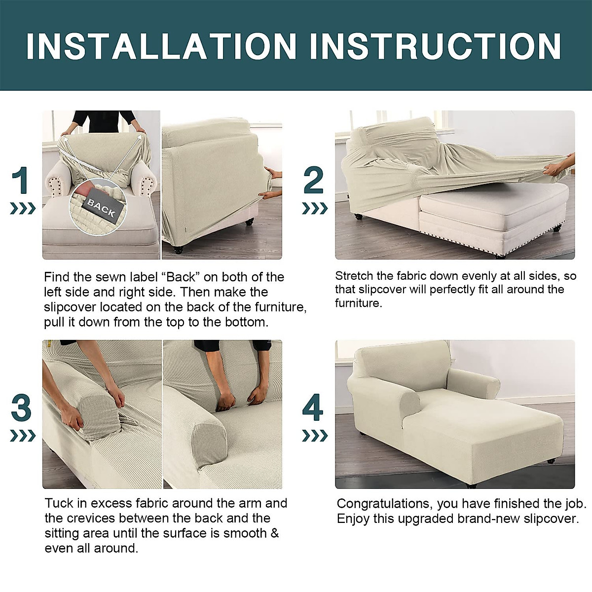 FantasDecor Chaise Lounge Cover Stretch Chair Lattice Slipcover with Armrests for Living Room Bedroom Double Arm Soft Jacquard Fabric Machine Washable, Beige