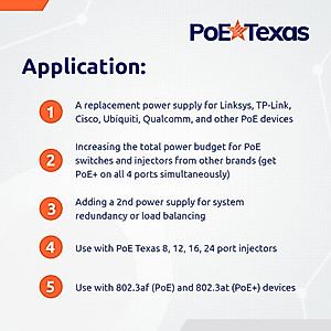 PoE Texas 56v 120w PoE Compatible Power Supply with Wall Mounting Tabs - Easy Installation for Long Distance Power Over Ethernet Network Switch, Injector, Adapter, Extender, 802.3af, 802.3at Devices