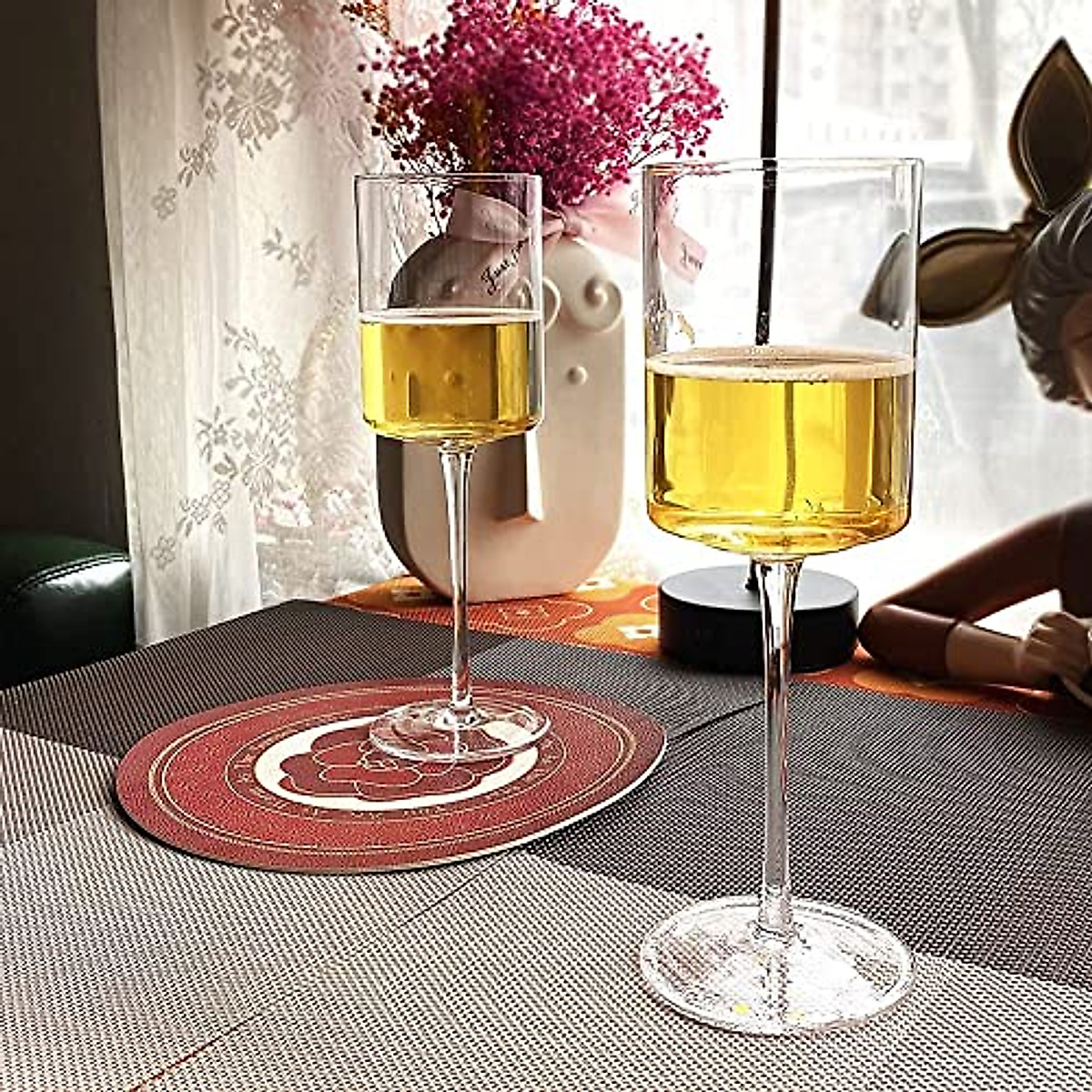 Red or White Wine Square Glasses With Stem set of 4-14oz Crystal Unique Modern Design - Large Long Stem wine glass Hand made 100% Lead-free glass - Entertaining Drinkware