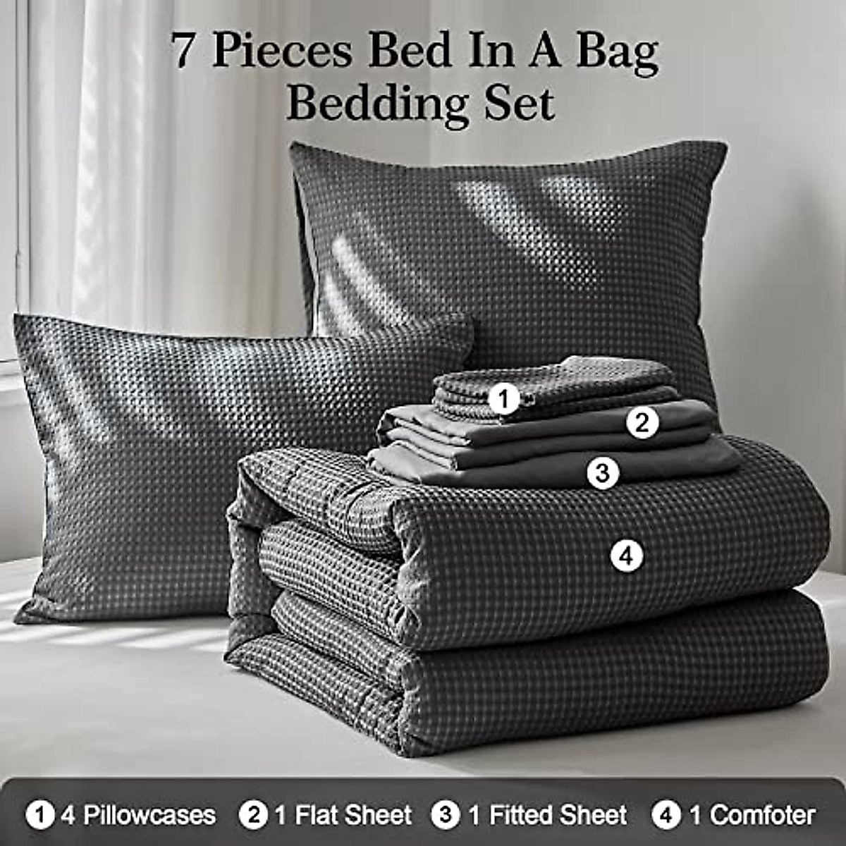WARMDERN Grey Comforter Set King Size Waffle Weave Lightweight Bedding Comforter Sets Soft Microfiber Down Alternative Comforter 7 Pieces Bed in A Bag All Season(Gray, King)