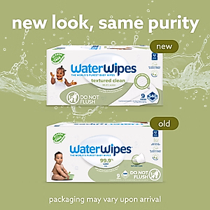 WaterWipes Plastic-Free Textured Clean, Toddler & Baby Wipes, 99.9% Water Based Wipes, Unscented & Hypoallergenic for Sensitive Skin, 540 Count (9 packs), Packaging May Vary