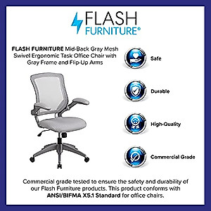 Flash Furniture Kale Mid-Back Gray Mesh Swivel Ergonomic Task Office Chair with Gray Frame and Flip-Up Arms
