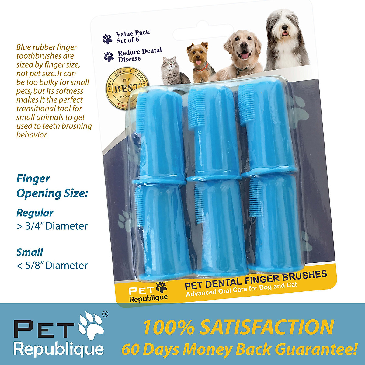 Pet Republique Dog Finger Toothbrush Set of 6 - Dental Brush for Large to Small Dogs, Cats, and Most Pets