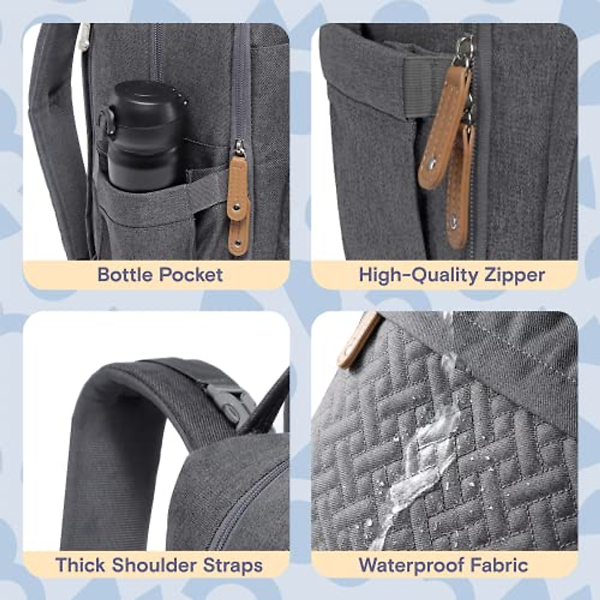 Diaper Bag Backpack, RUVALINO Neutral All-in-One Baby Bags for Boy Girl, Multifunction Large Travel Backpack with Portable Changing Pad, Stroller Straps, Pacifier Case and Insulated Pockets, Dark Gray