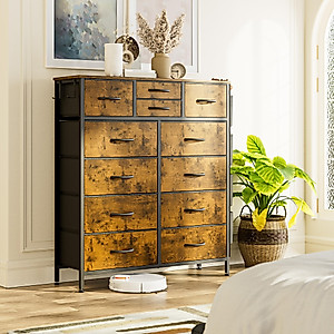 Himusi Dresser for Bedroom with 12 Drawer, Tall Dresser with Side Pockets and Hooks, Fabric Dressers, Chests of Drawers for Closet, Hallway, Living Room, Entryway, Rustic
