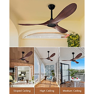 KASASS Outdoor Ceiling Fan, 52 Inch Remote Control Ceiling Fan, Indoor Ceiling Fan，Modern Classic Ceiling Fan for Kitchen, Bedroom, Living Room, Farmhouse, Patio (Walnut Color)