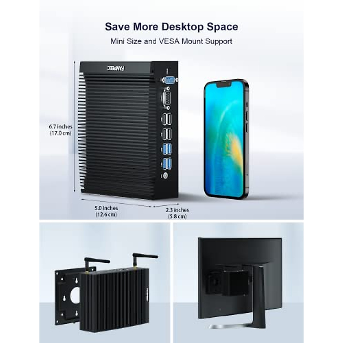 FANPEEC Fanless Mini PC Core i3 6157U, Industrial PC Windows 10 Pro 64GB RAM 512GB SSD 1TB HDD, WiFi 5, BT 4.2, 8 x USB 2.0, 2 x Ethernet Ports, 2 x HD Mini Desktop Computers