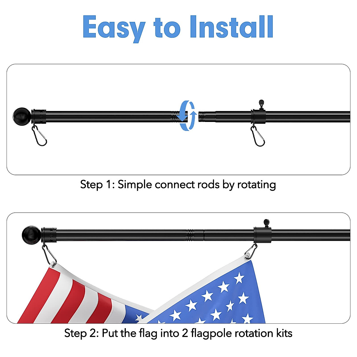 Flag Poles for 3x5 Flags Outdoor, Black Flag Pole Kit for Outside House - Heavy Duty 5ft Flagpole and Holder Metal, Mount for Outdoor, Boat, RV, Truck Hitch, 1 inch Diameter, Tangle Free Rings