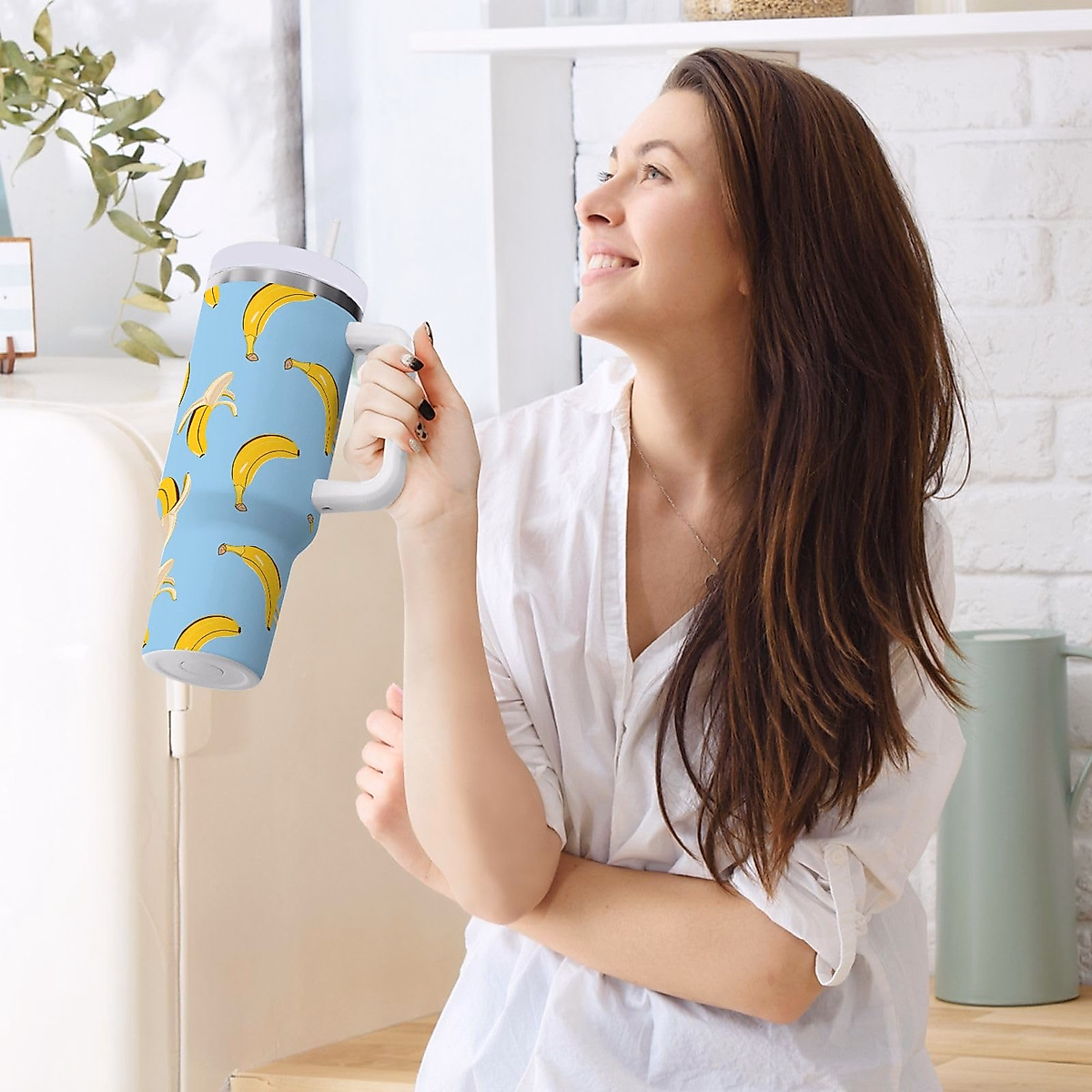 Light Blue Banana 40 oz Tumbler with Handle and Straw Insulated Reusable Leak-proof Travel Coffee Mug Cup with Lid Thermal Stainless Steel Water Bottle for Coffee Iced Tea