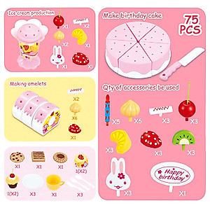 75PCS Birthday Cake Toy Cutting Decorating Birthday Cake Kitchen Pretend Toys Party Role Play Food Sets with Removable Candles Fruit Ice Cream Biscuits Candy Gift for Girls Boys Aged 3+
