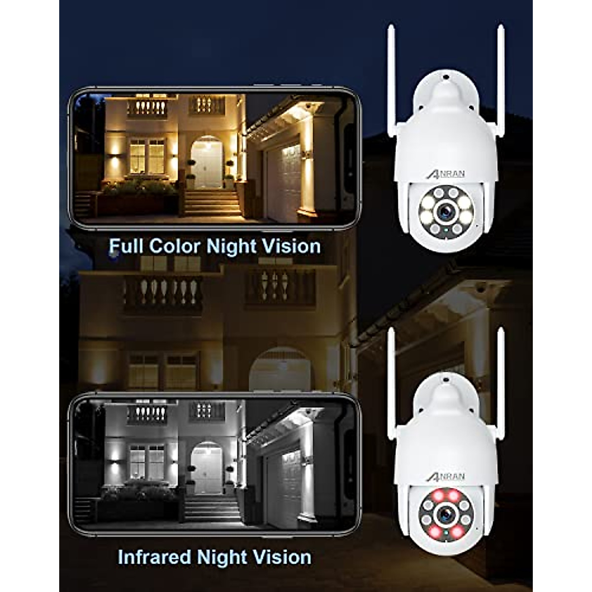ANRAN Security Camera Outdoor with Spotlight and Siren, 2K 2.4g WiFi PTZ Wired Camera Outdoor with 360° View, Color Night Vision, IP66 Waterproof, Two-Way Audio, SD and Cloud Storage, P2 White