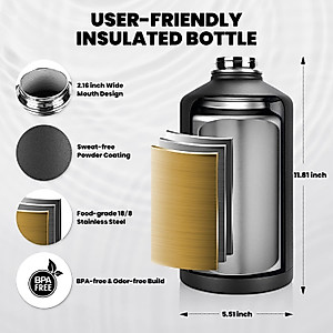 RAYMYLO One Gallon Water Bottle Insulated, Triple Walled Vacuum Stainless Steel (Cold for 48 Hrs), Leak Proof & Non-BPA, Large Water Flask Jug with Paracord Handle & Straw Spout Lids