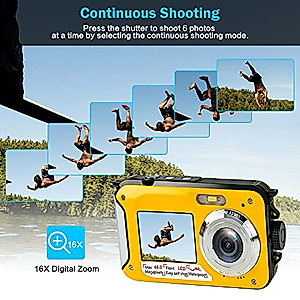 S & P Safe and Perfect Underwater Camera, Waterproof Camera Full HD 2.7K 48MP Waterproof Camera Digital with Dual Screen, 16X Digital Zoom and Self-Timer Yellow