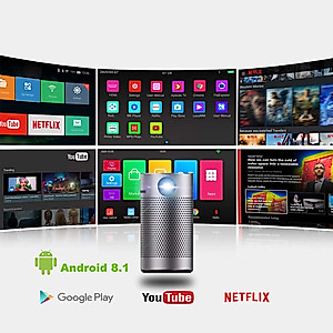 ANXONIT Mini Projector,Smart DLP Pocket Portable Projector,100 ANSI Lumens,Rechargeable Battery,360° HiFi Speaker,Android 8.1,Bluetooth,WiFi,for iPhone iPad,Home Theater Outdoor Movies (Silver)