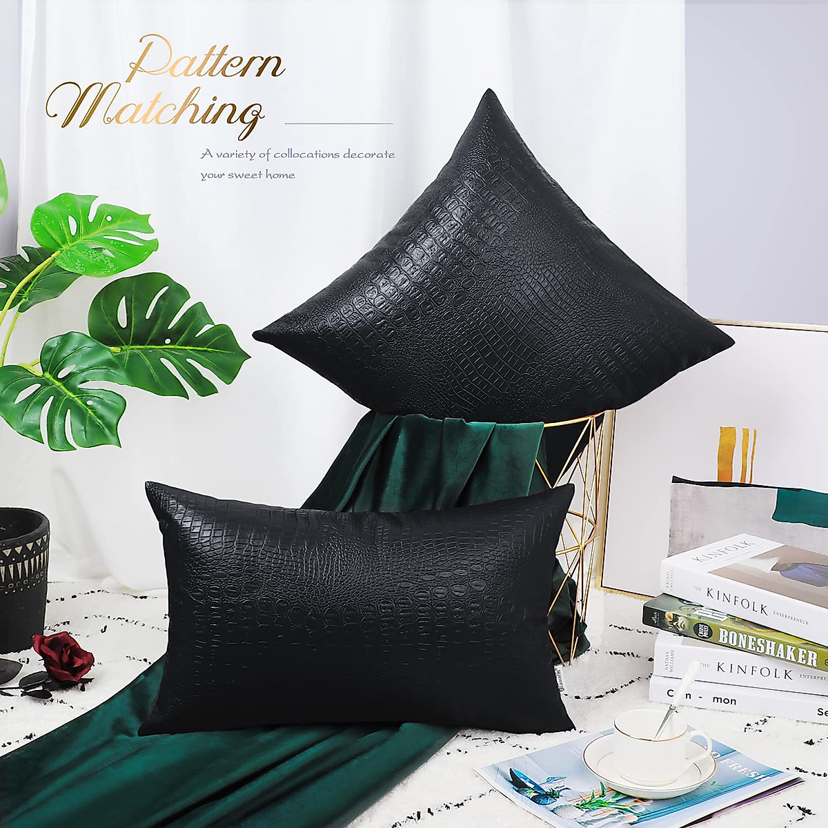 BRAWARM Faux Leather Pillow Covers 22 X 22 Inches, Black Leather Pillow Covers Pack of 2, Crocodile Leather Decorative Throw Pillows for Living Room Couch Bed Sofa Home