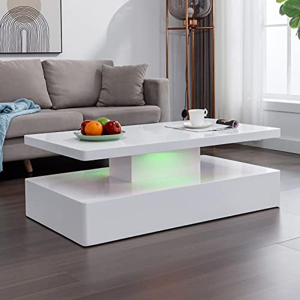 TABU Modern Led Coffee Table, High Gloosy Coffee Table with 12 Colors Lights, Rectangle Smart Table, Living Room Center/End Table with Lights, Living Room Table Furniture (White)
