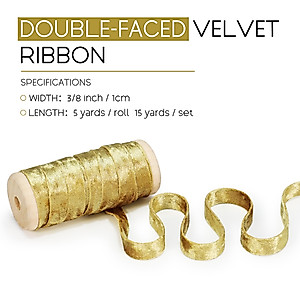 Keypan Gold Velvet Ribbon Double-Sided Handmade Glossy Fabric Trim Wooden Spool Thin Ribbon for Christmas Tree Gift Wrapping Crafts Wedding Flower Bouquet 3/8 inch x 5YD 3 Rolls