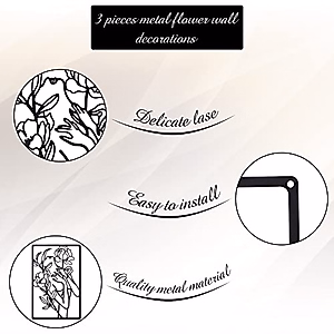 CHENGU 3 Pieces Metal Minimalist Abstract Woman Wall Art Drawing Single Line Female Home Hanging Wall Art Decor for Kitchen Bathroom Living Room (Black, Floral Style)