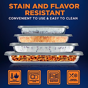 NutriChef 4 Sets Glass Bakeware - High Borosilicate Rectangular Glass Baking Dish w/Gray BPA-Free PE Lids, Freezer-to-Oven Home Kitchen Bake Casserole Food Storage Stackable Tray Pan, Dishwasher Safe