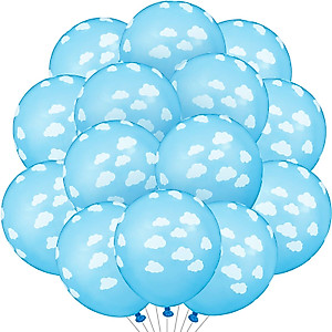 36 Pieces Blue Cloud Latex Balloons Mid Blue with Clouds Matte Balloons 12 Inches Cloud Print Light Blue Balloons for Baby Shower Boys Girls Birthday Party Supplies