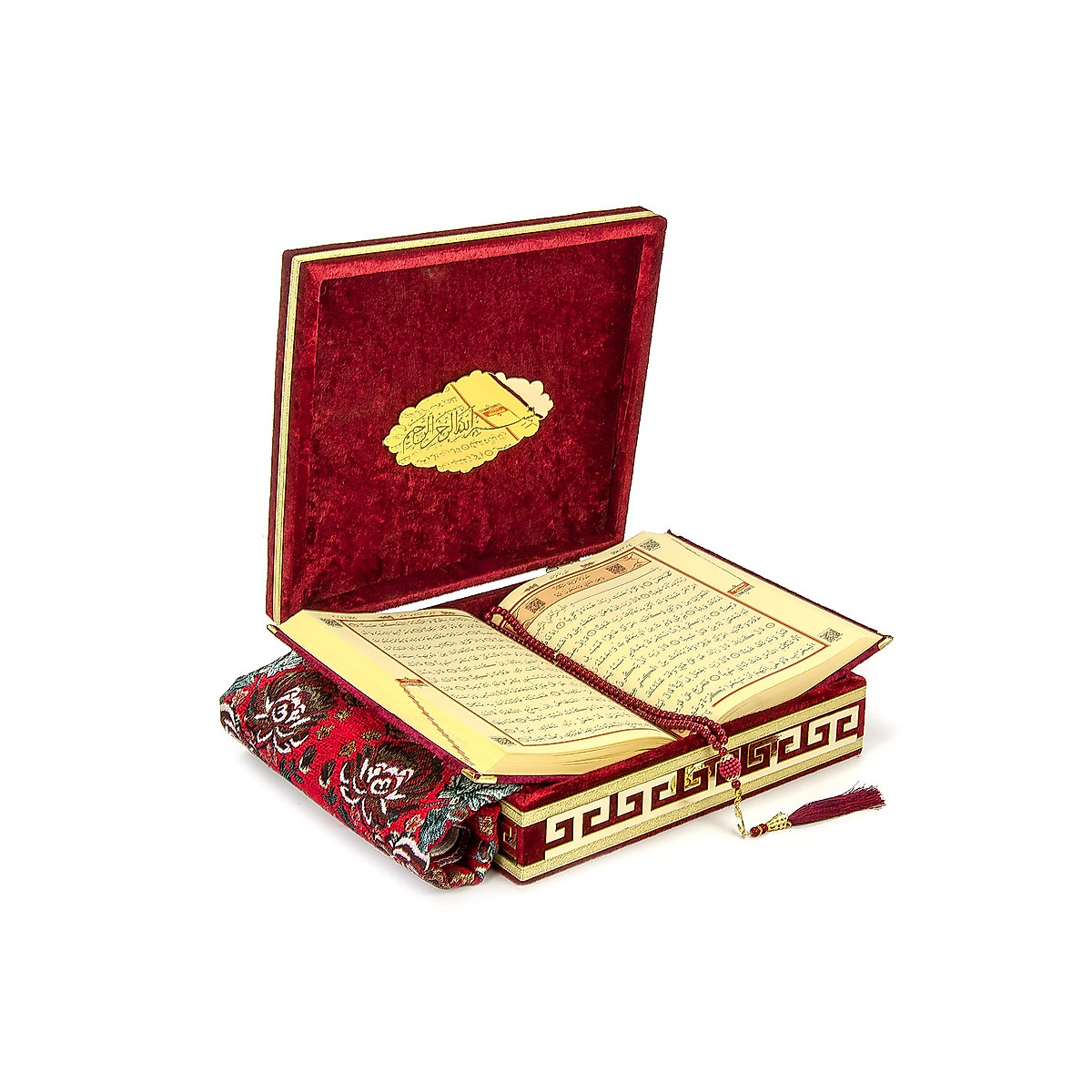 ihvan online Luxury Islamic Prayer Velvet Covered Gift Box, Deluxe 4 Piece Set with Elegant Velvet Covered Quran & Prayer Beads Tesbih & Prayer Rug, Ramadan & Eid Gift, Burgundy