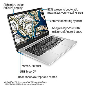 HP Chromebook 14-inch FHD Laptop, Intel Celeron N4000, 4 GB RAM, 32 GB eMMC, Chrome (14a-na0050nr, Mineral Silver) (Renewed)