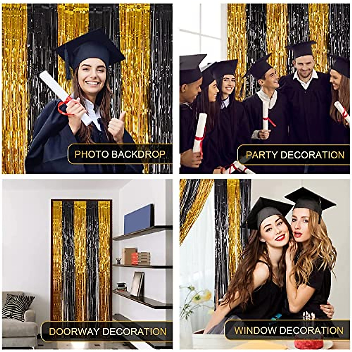 AILEXIBG 3.2 ft x 8.2 ft Metallic Tinsel Foil Fringe Curtains for Party Photo Backdrop Wedding Decor (2 Pack, Black Gold)