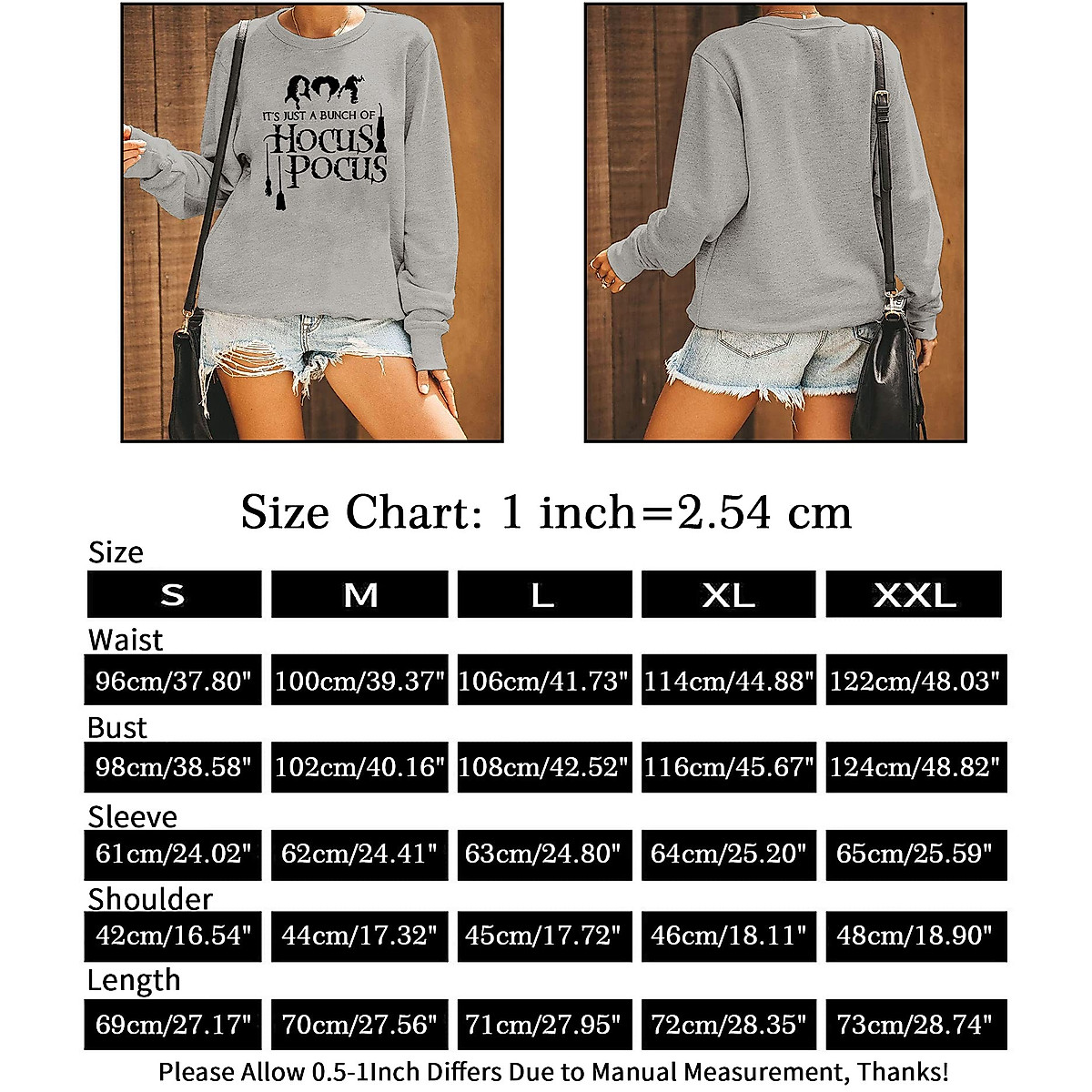 KIDDAD It's Just A Bunch of Hocus Pocus T-Shirt Women Halloween Sanderson Sisters Long Sleeve Crewneck Casual Pullover Tops Light Gray