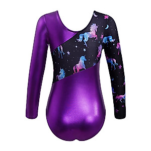 Fldy Kids Girls Shiny Metallic Gymnastics Leotards Long Sleeves Sparkly Ballet Dance Costumes One Piece Bodysuit Dancewear Purple 14 Years