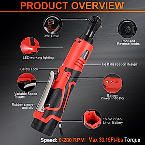 HORMY 3/8" Cordless Electric Ratchet Wrench Set, 33 Ft-Lbs 16.8V Battery Power Ratchet Tool Kit with Variable Speed Trigger, 2 Packs 2.0Ah Battery, Charger, 7 Sockets