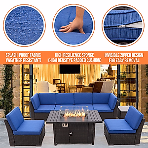 8 Pieces Outdoor Patio Furniture Set with 46" Propane Fire Pit Table, Brown PE Wicker Patio Furniture Sectional Sofa, 55,000 BTU Auto-Ignition Firepit w/Glass Wind Guard