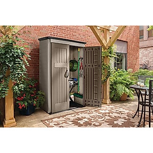 Rubbermaid Vertical Resin Outdoor Storage Shed, With Floor (4 x 2.5 Ft), Weather Resistant, Brown, Organization for Home/Backyard/Garden Tools/Porch/Patio Cushions/Pool Chemicals/Toys